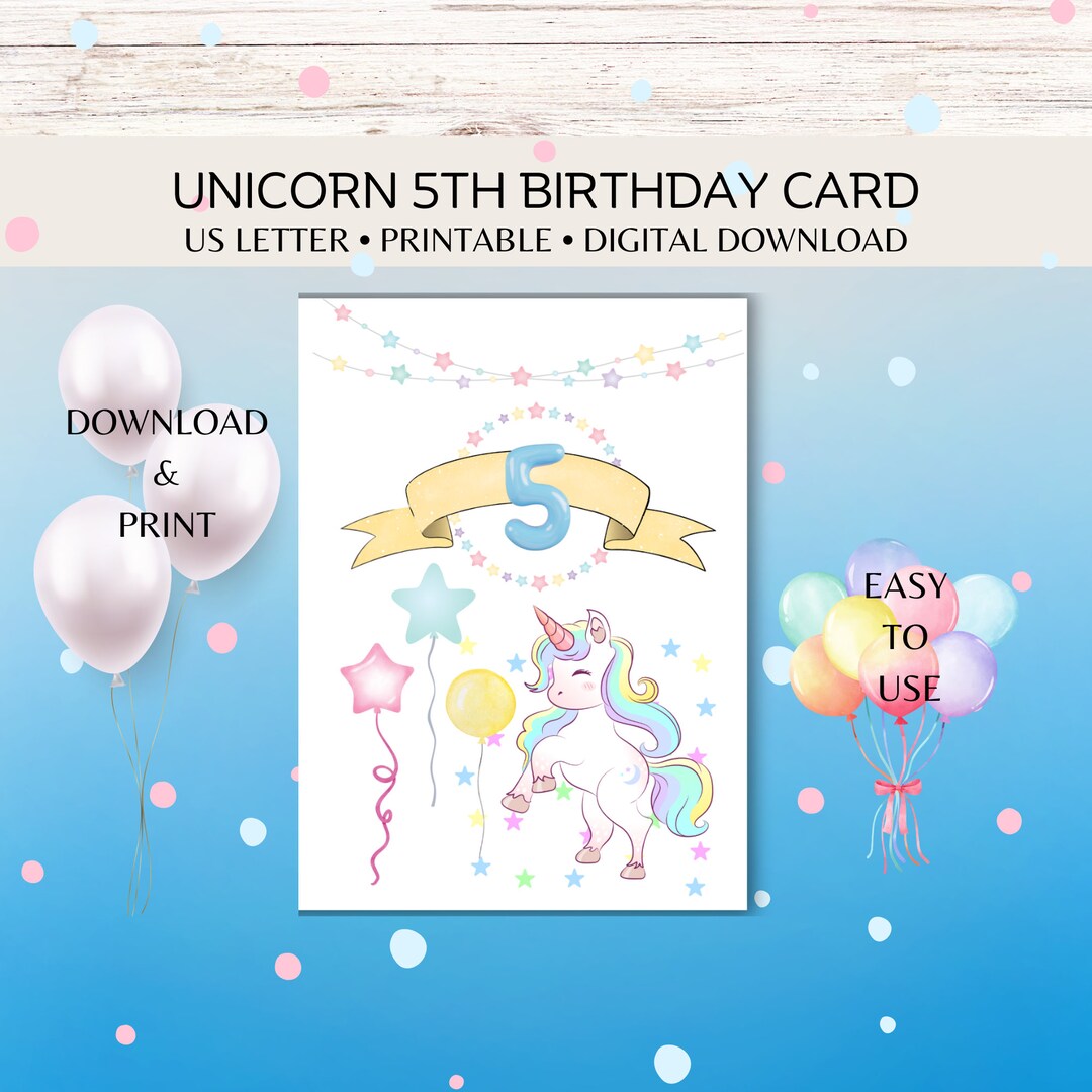 Printable Unicorn 5th Birthday Card/ Colorful Unicorn Birthday - Etsy