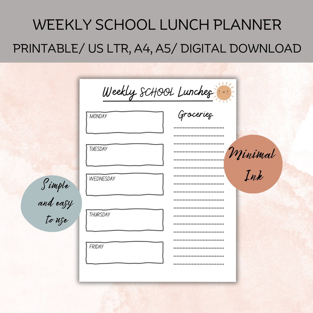 Kids School Lunch Planner Printable /weekly Lunch Planner/lunch Grocery ...
