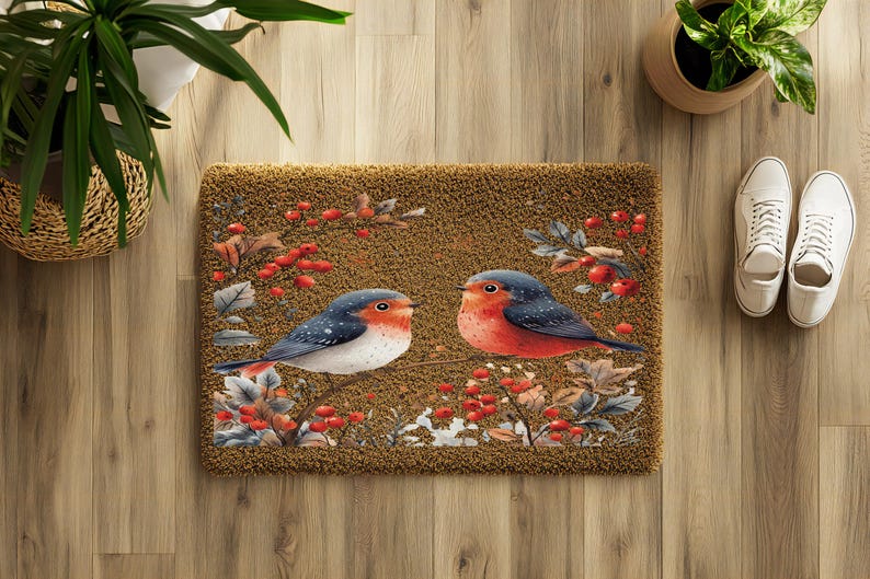 Christmas Robin Doormat, Birds Welcome Mat, Cute Holiday Outdoor ...