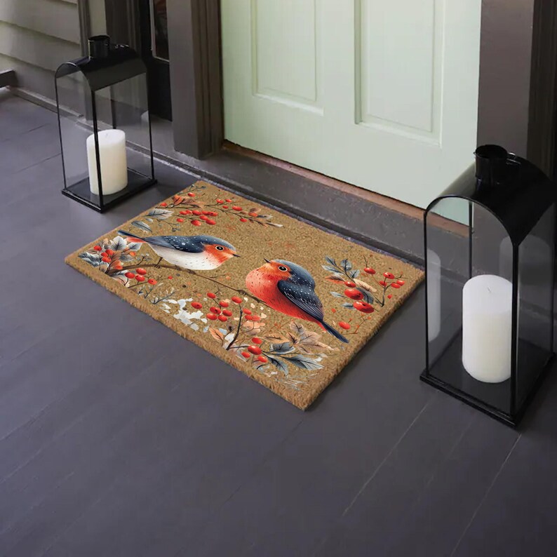 Christmas Robin Doormat, Birds Welcome Mat, Cute Holiday Outdoor ...