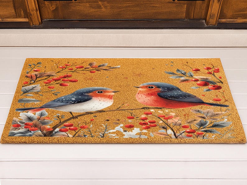 Christmas Robin Doormat, Birds Welcome Mat, Cute Holiday Outdoor ...