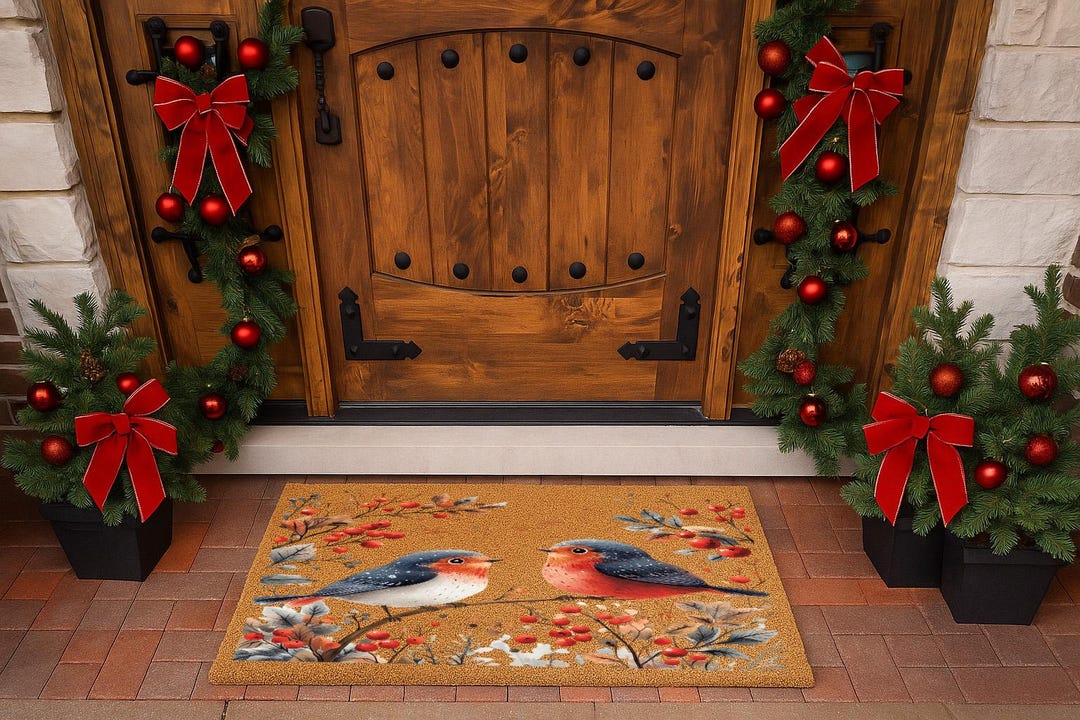 Christmas Robin Doormat, Birds Welcome Mat, Cute Holiday Outdoor ...