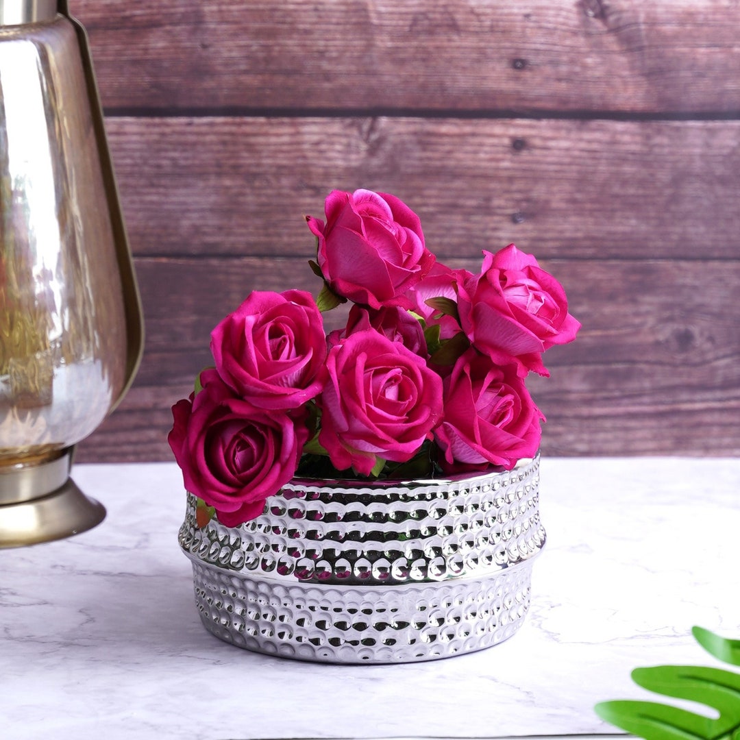 Chrome Silver Vase, Textured Surface, Round Shape, Bud Vase, Tabletop ...