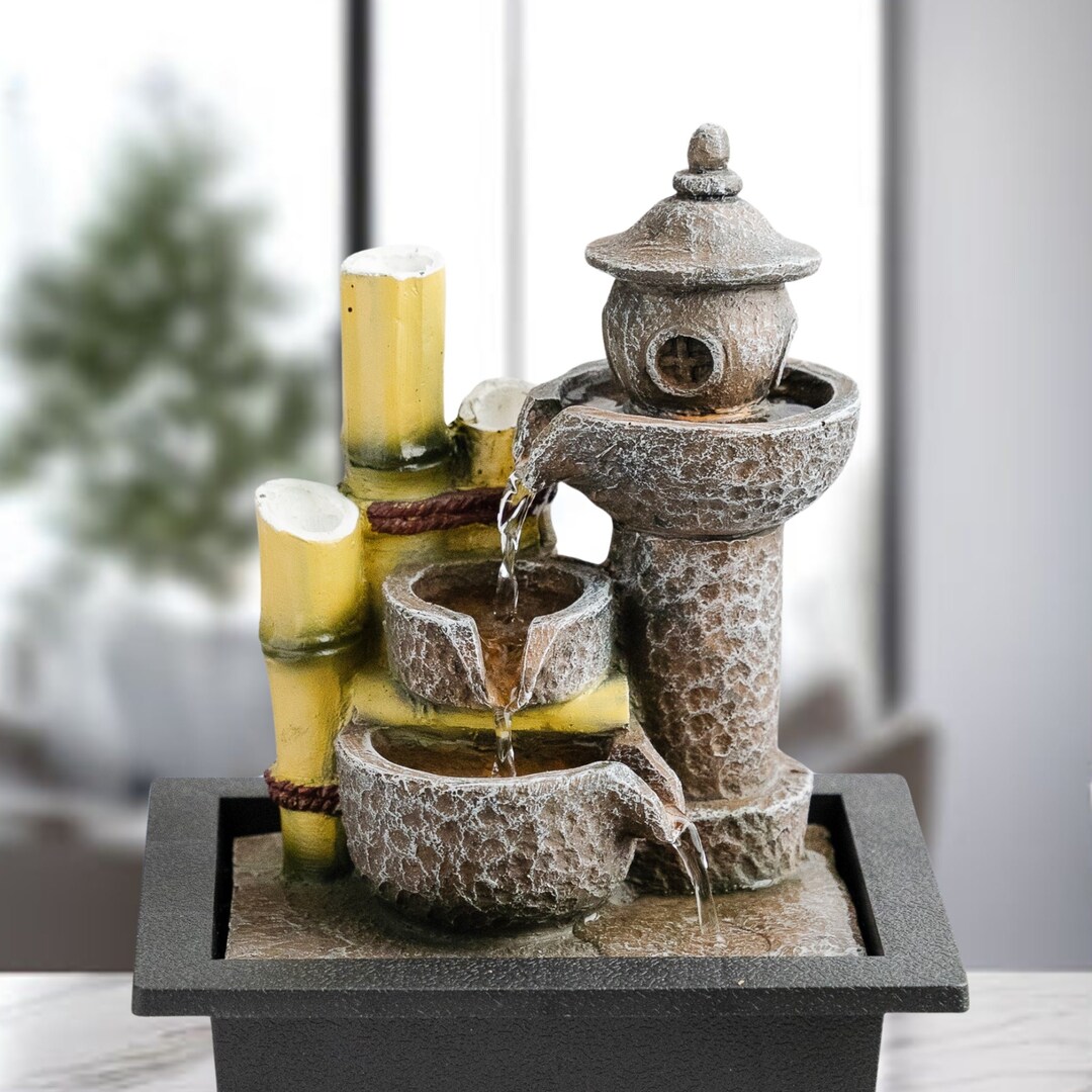 Indoor Water Fountain With Lights, Asian Temple Design, Polyresin Zen ...