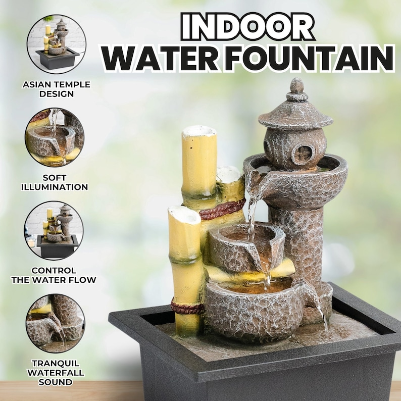 Indoor Water Fountain With Lights, Asian Temple Design, Polyresin Zen ...