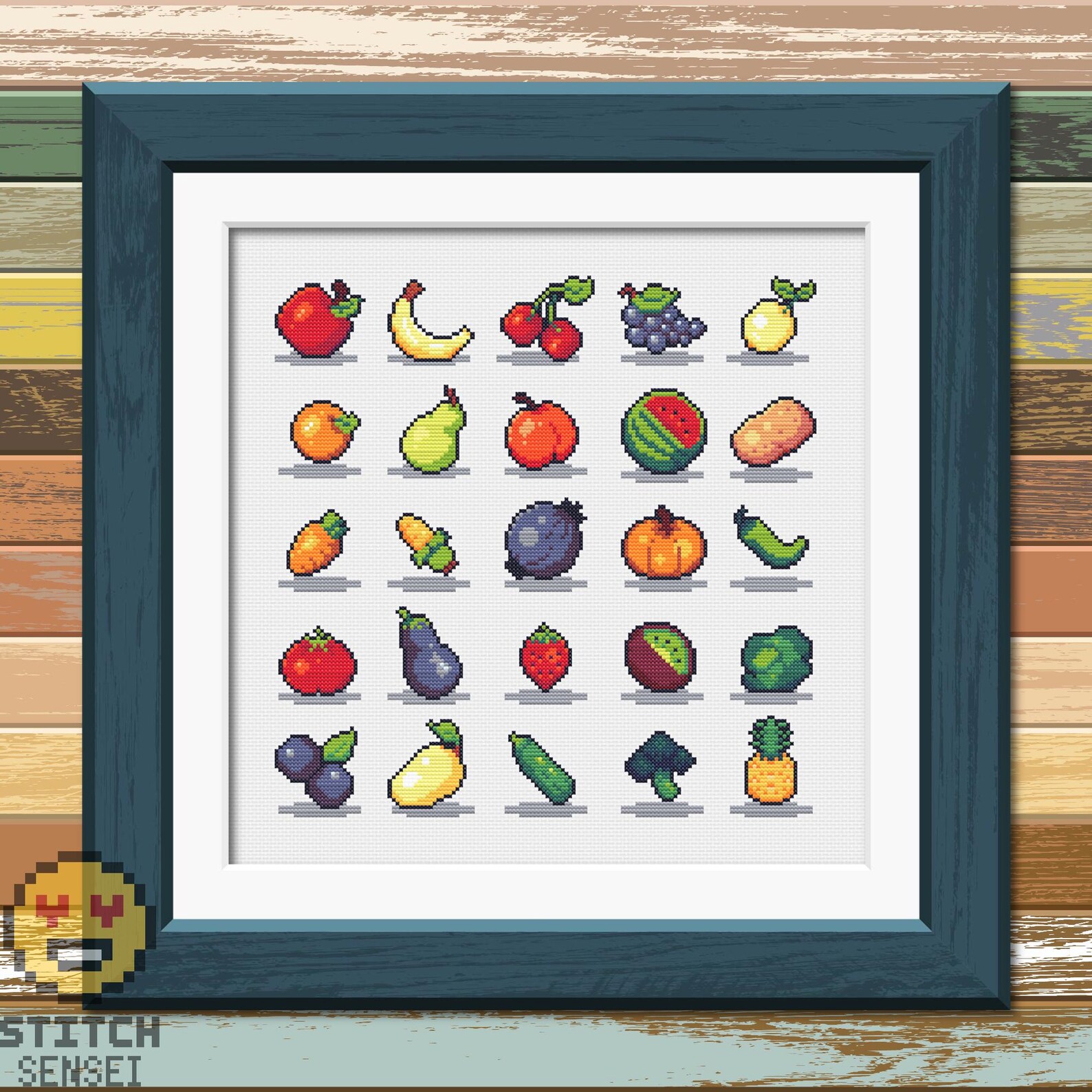 Pixel Fruit & Veggie Cross Stitch Pattern: Retro Embroidery (digital ...