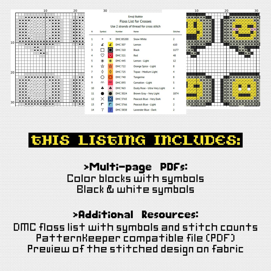 Emoji Cross-stitch Pattern | Cute Modern PDF Chart | Fun Digital ...