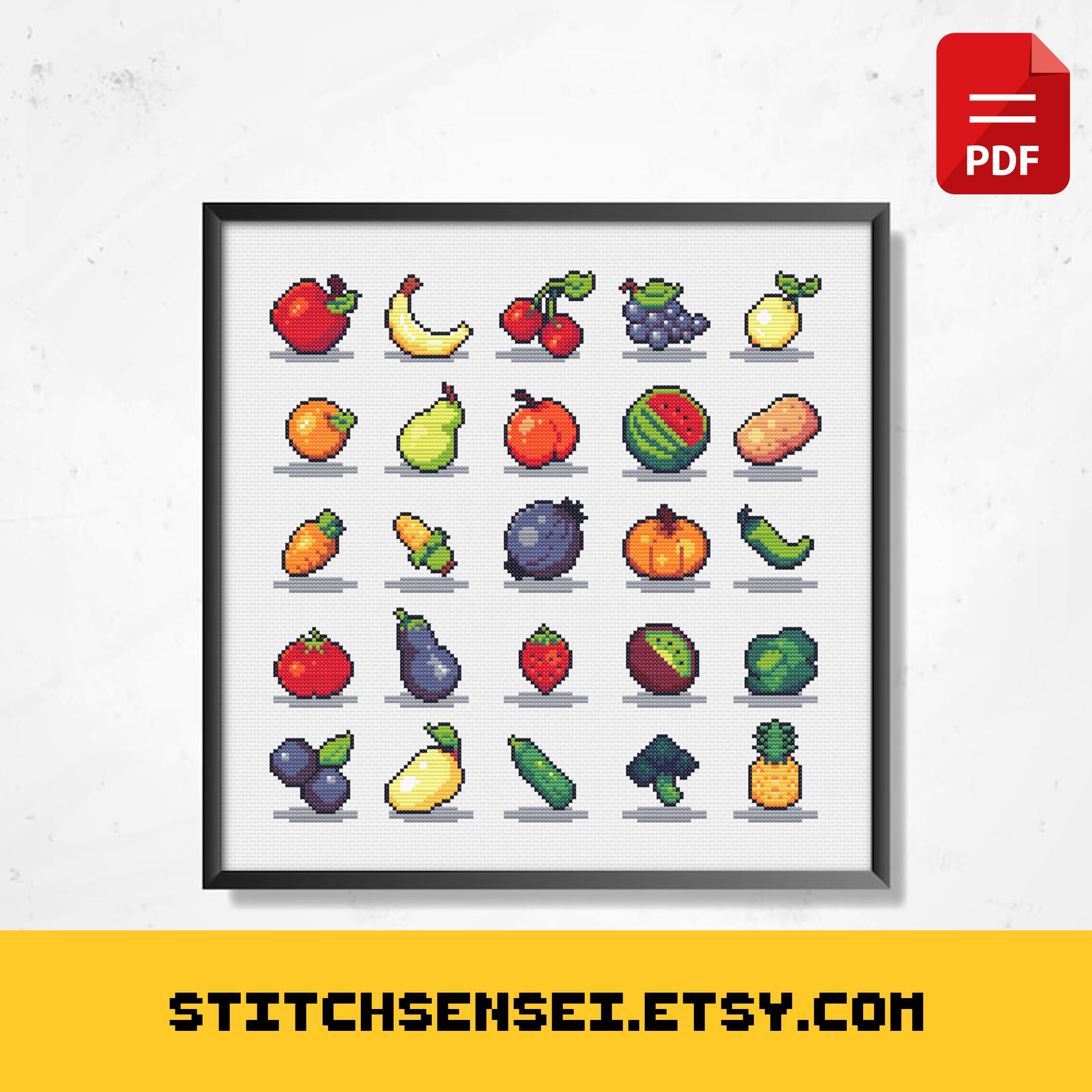 Pixel Fruit & Veggie Cross Stitch Pattern: Retro Embroidery (digital ...