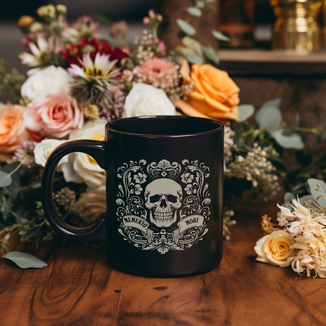 Memento Mori Remember Your Death 11 Oz Black Ceramic Mug Skull Motif ...