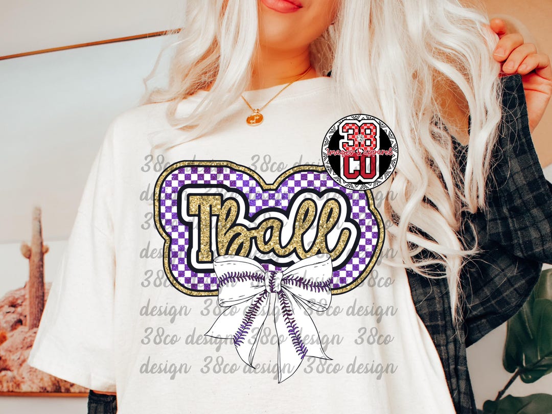 Purple Tball Coquette Png, Checkered Text, Tis the Season Png, Baseball ...