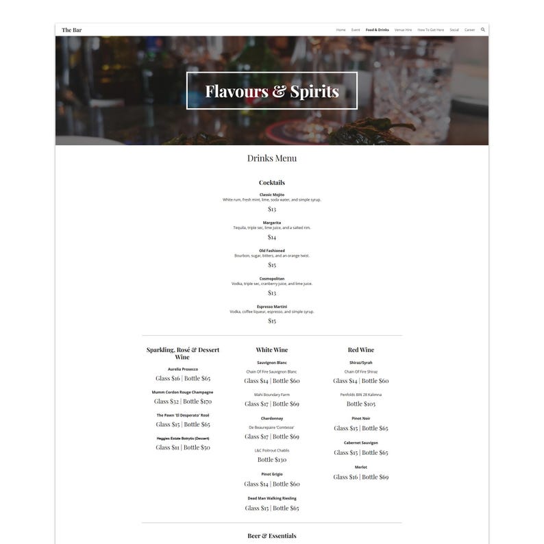 Bar Website Template: Prebuilt Pub Food & Alcohol Drinks Taverner ...
