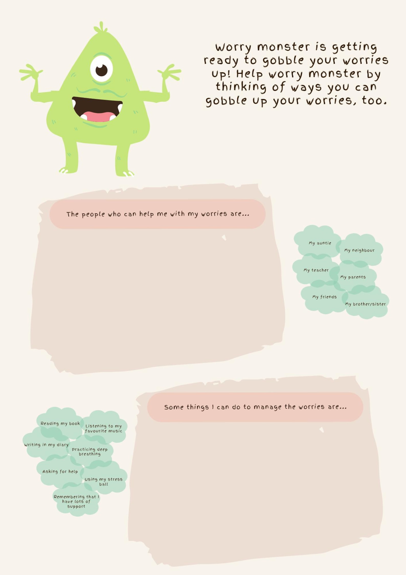 Worry Monster Worksheet | Kids Anxiety, Feelings Therapy (PDF Download ...