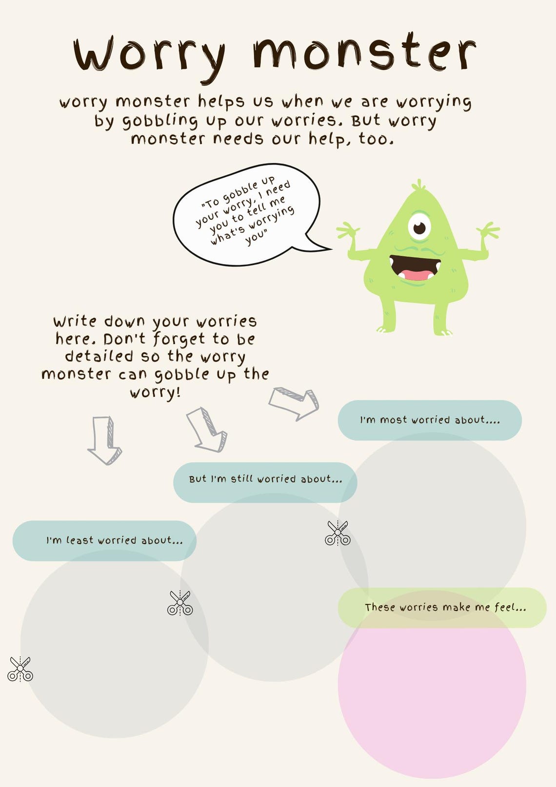 Worry Monster Worksheet | Kids Anxiety, Feelings Therapy (PDF Download ...