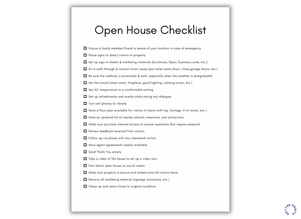 Open House Checklist, Printable Real Estate Open House Checklist, Open ...