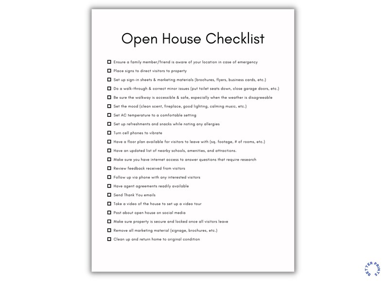 Open House Checklist, Printable Real Estate Open House Checklist, Open ...