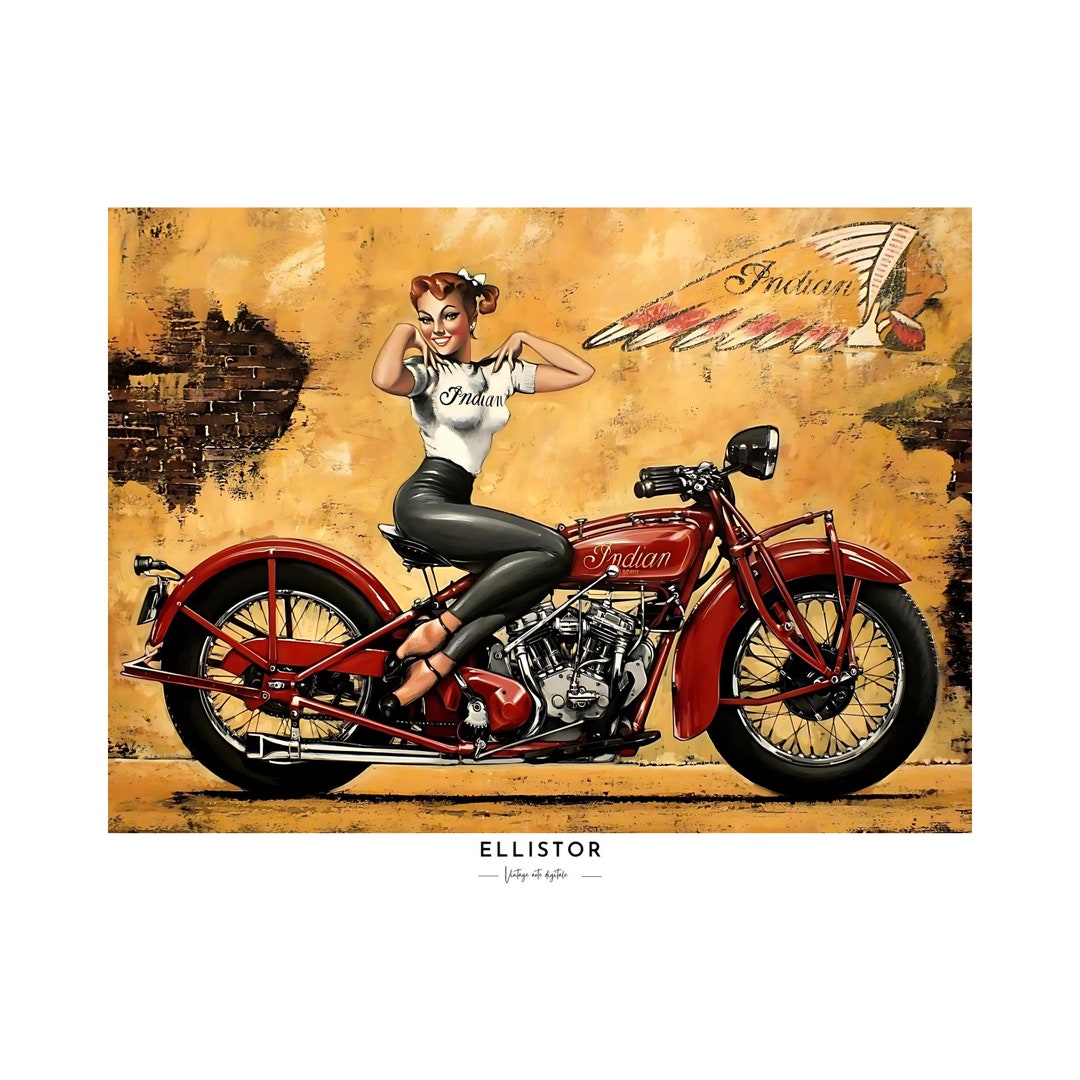 Vintage Motorcycle Print, Digital Motorcycle Print, Red Indian ...