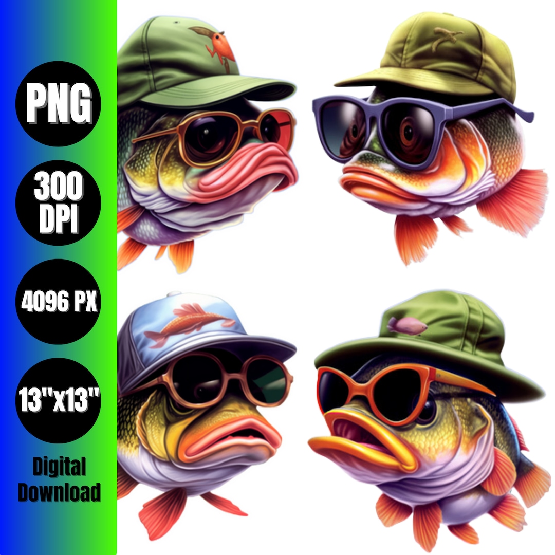 4 Fish Bright Colored Largemouth Bass Fish With Hat & Glasses PNG Fish ...