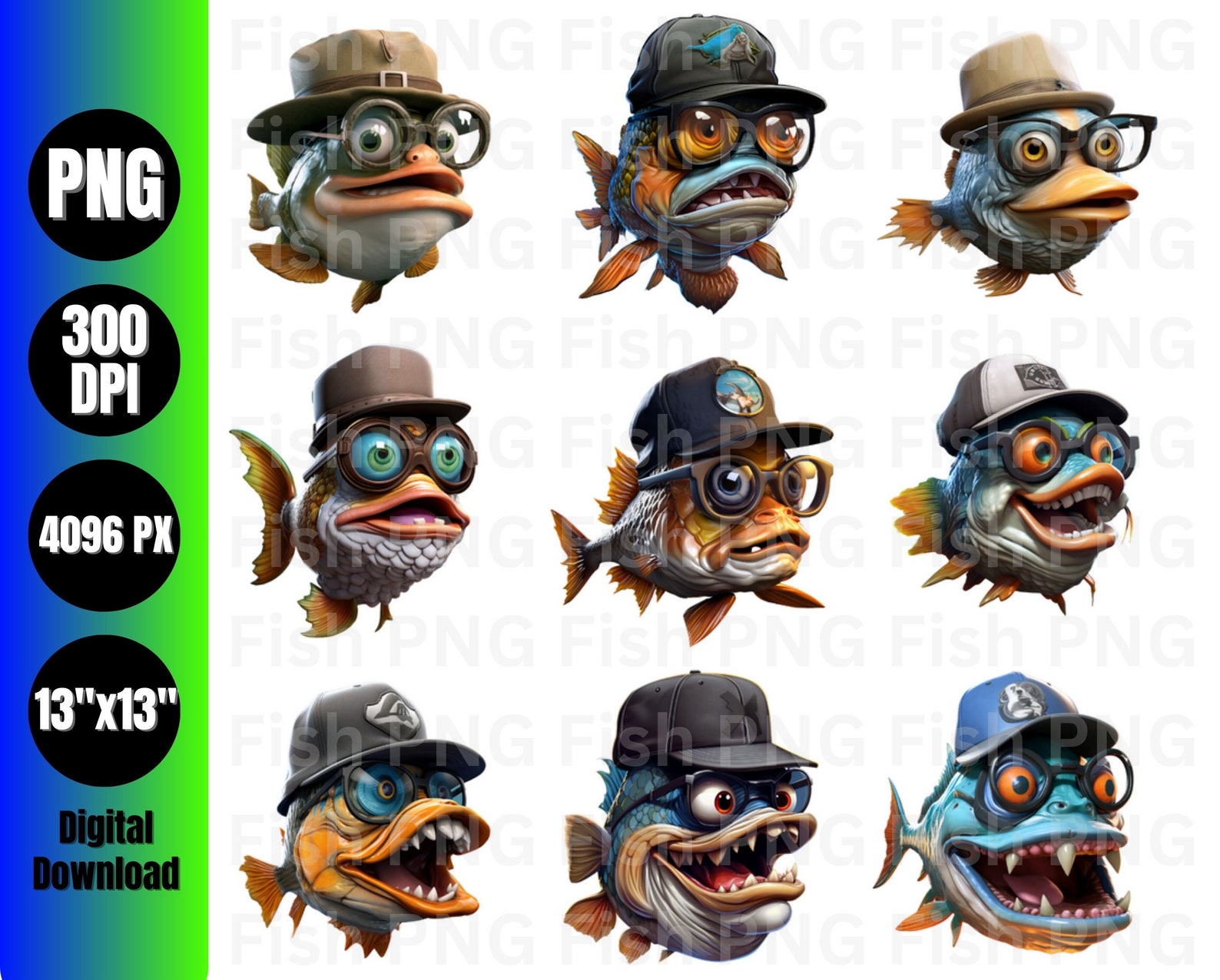 19 Fish Silly Faces Expressive Funny Fish With Hat and Sunglasses Fish ...
