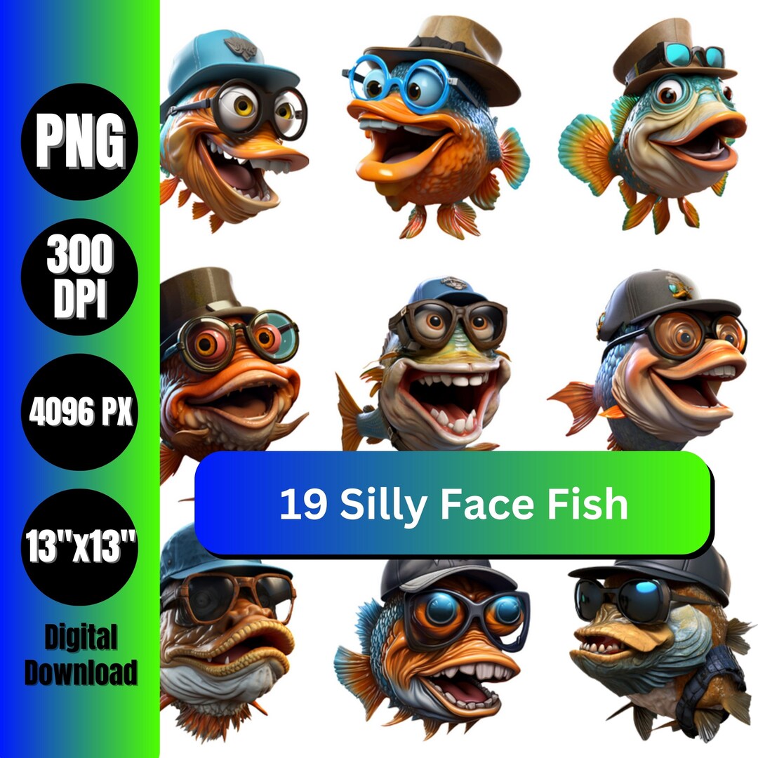19 Fish Silly Faces Expressive Funny Fish With Hat and Sunglasses Fish ...
