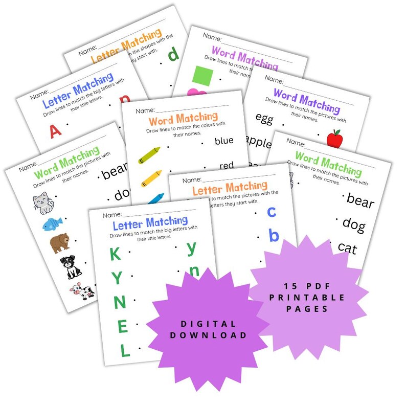 Preschool Printable Matching Worksheets, Digital Download, Preschool ...