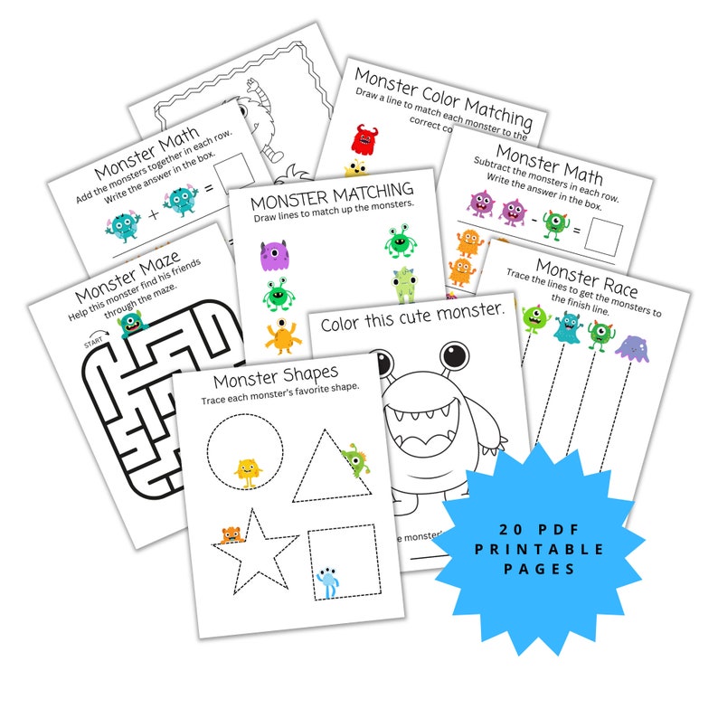 Preschool Printable Activity Pages, Monster Themed Preschool Worksheets ...