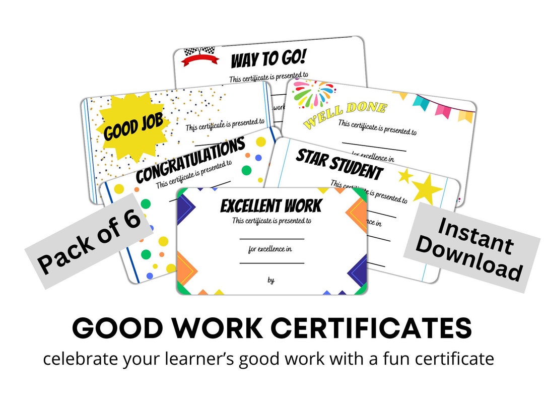 Printable Good Work Certificates: Pack of 6 (PDF Download) - Etsy