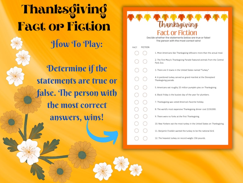 Fact or Fiction Game Thanksgiving Printable Games Fall Game Activity ...