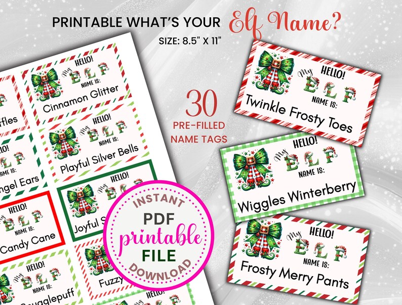 What’s Your Elf Name Game, Printable Christmas Elf Name Tags Pre-filled ...