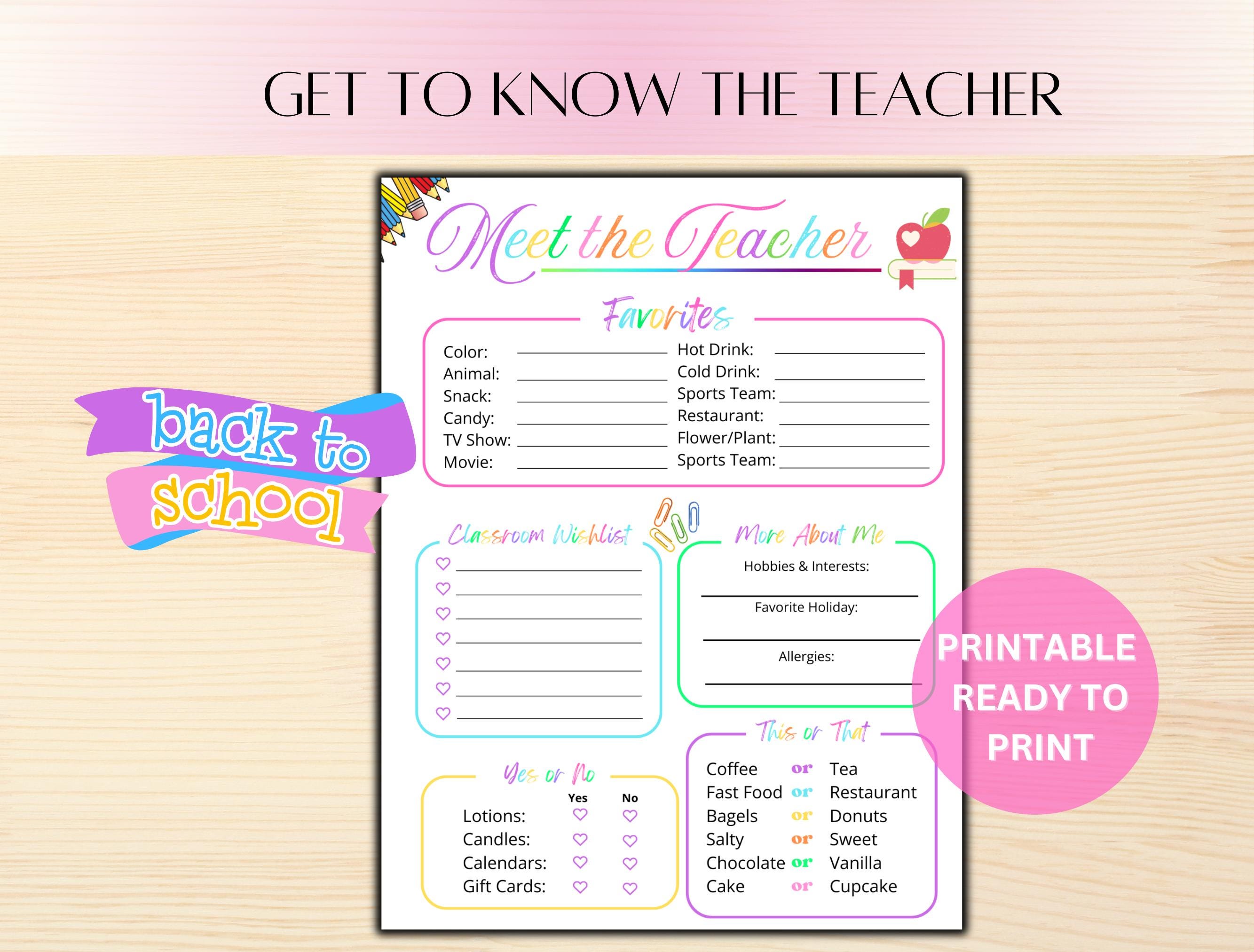 Meet the Teacher Template Get to Know Questionnaire & Favorite Things ...