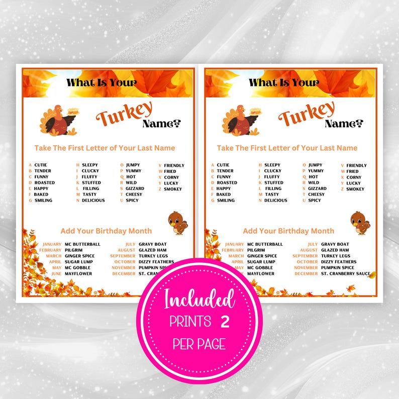 Whats Your Turkey Name Game Printable Thanksgiving Party Friendsgiving ...