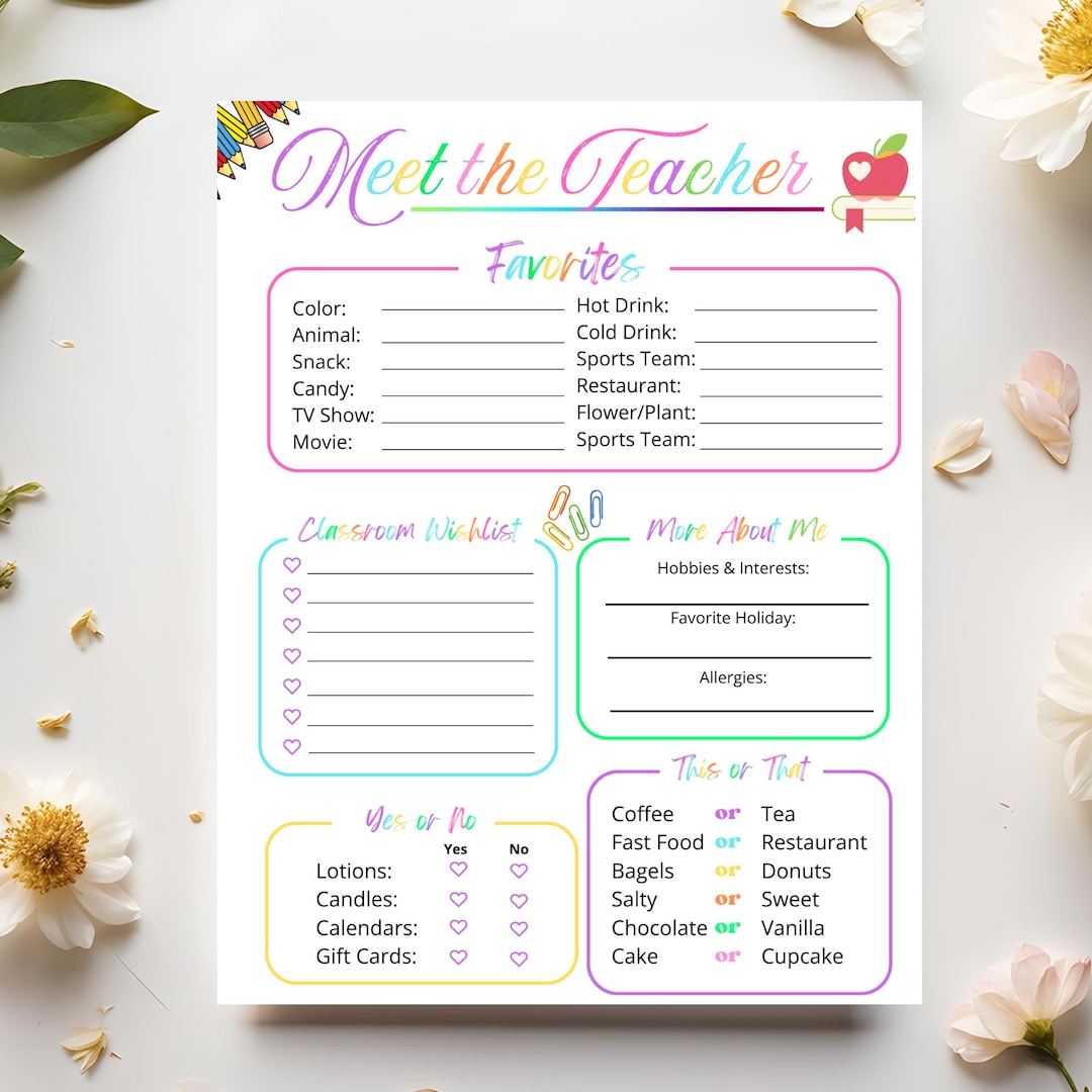 Printable Meet the Teacher Survey: Back to School PDF Letter Size 8.5 ...