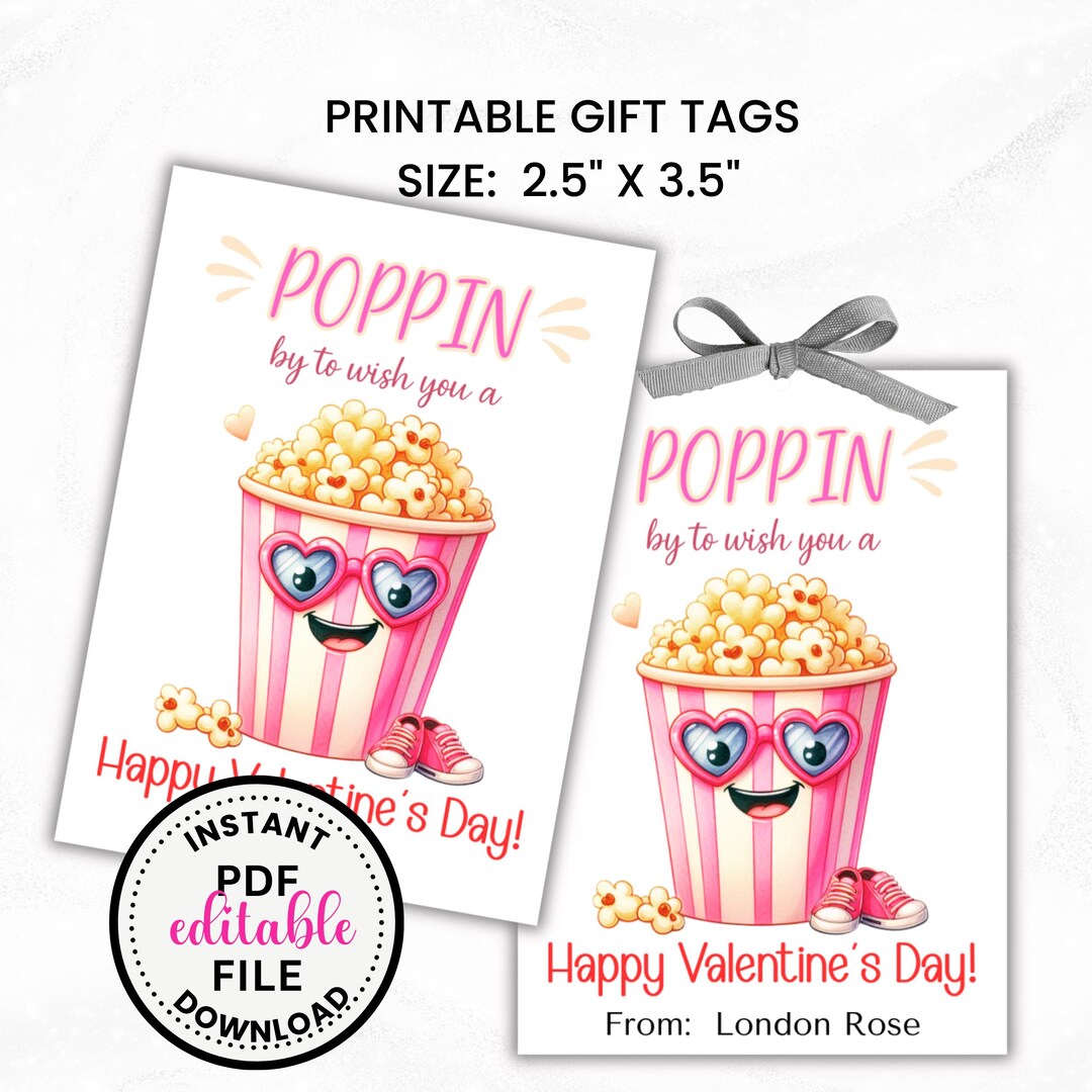 Popcorn Valentine's Day Gift Tags for Kids, Printable Classroom ...