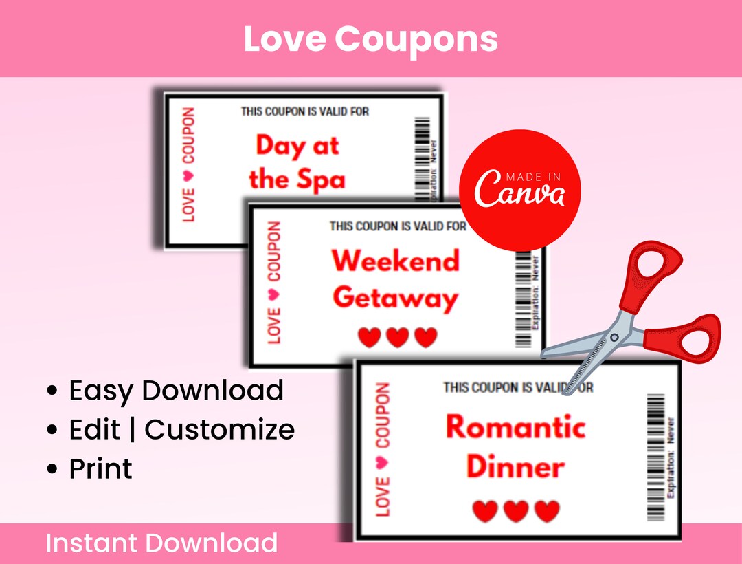 Printable Valentines Day Love Coupons Editable Love Coupon Book for Her ...