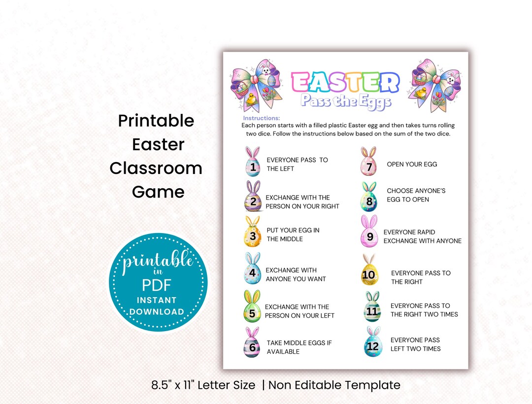 Easter Pass the Egg Game, Kids Classroom Activity, Printable PDF ...