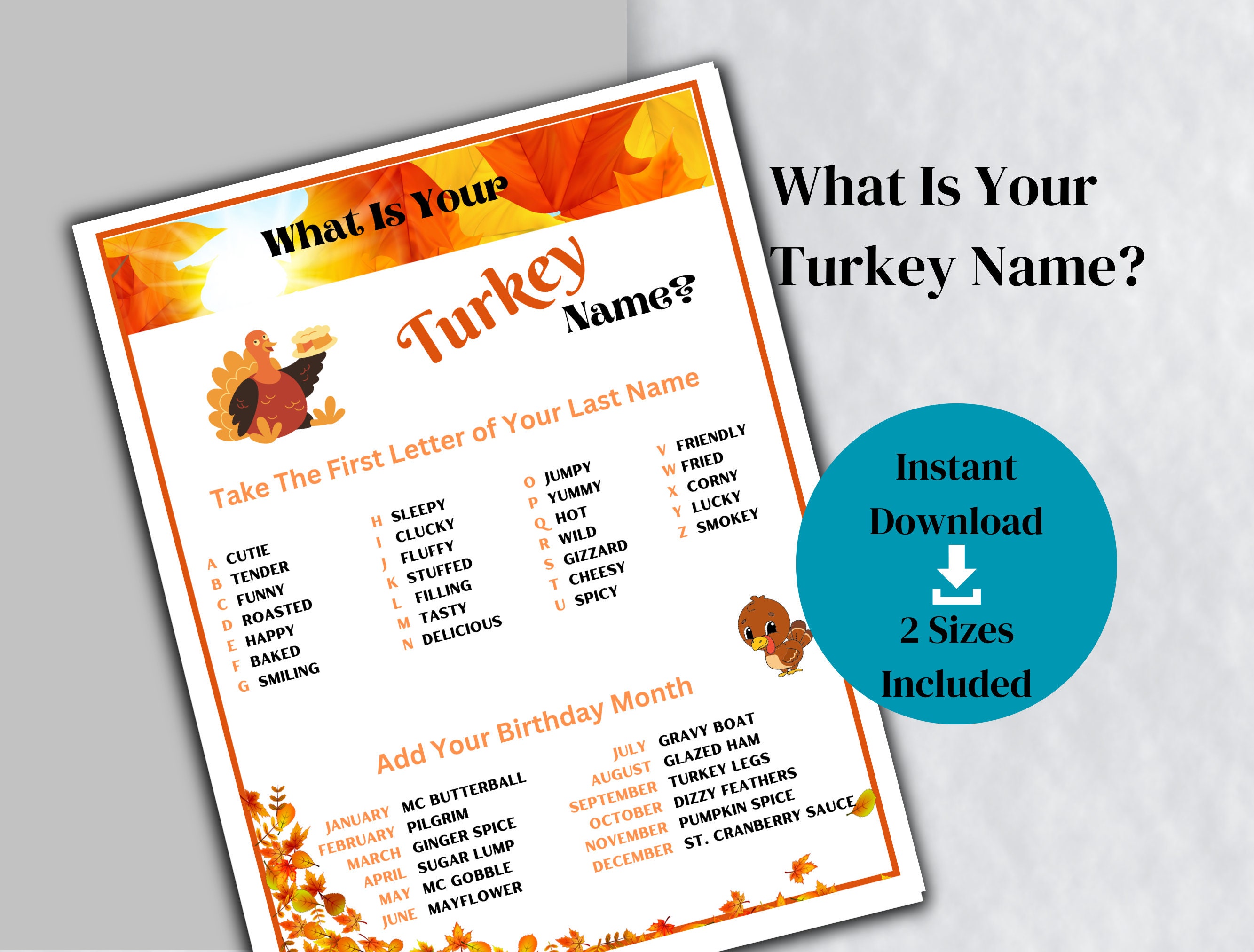 Whats Your Turkey Name Game Printable Thanksgiving Party Friendsgiving ...