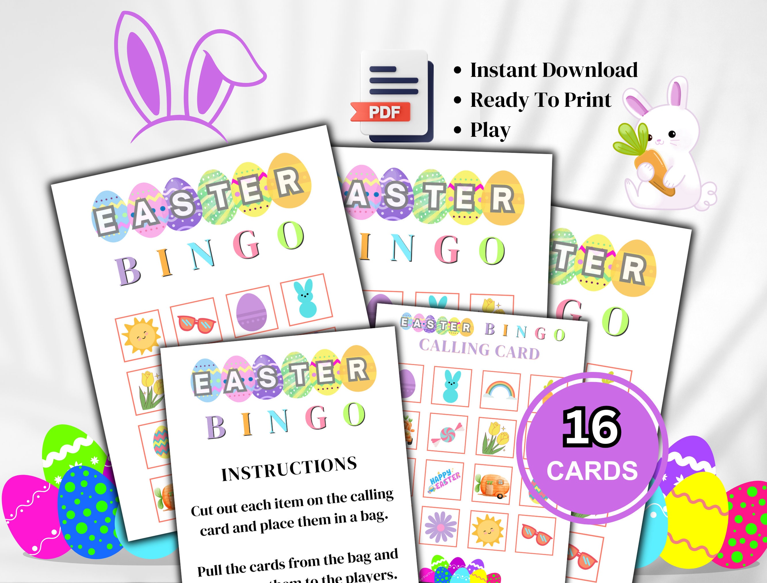 16 Easter Bingo Cards Printable Game for Kids and Adults Spring Bingo ...