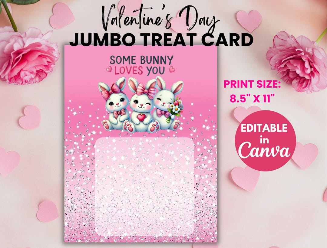Jumbo Treat Card Template for Valentines Day Editable Candy Gram Bunny ...