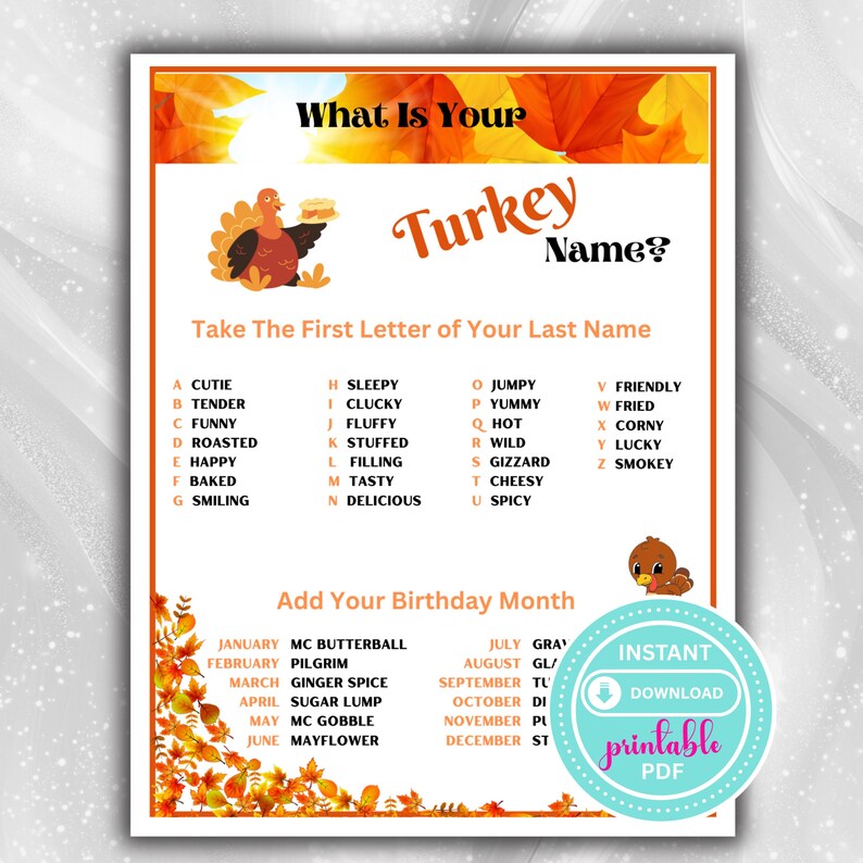 Whats Your Turkey Name Game Printable Thanksgiving Party Friendsgiving ...