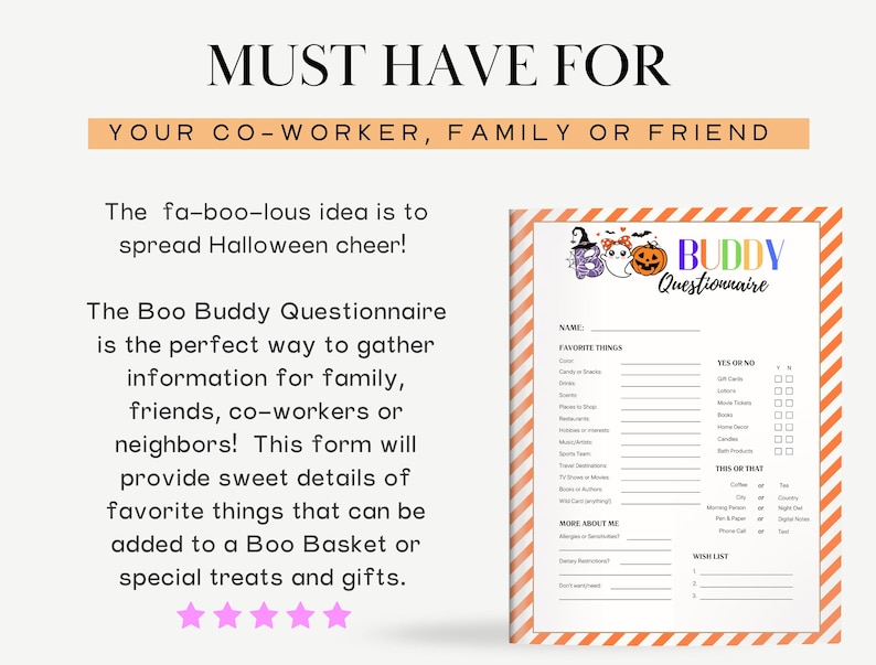 Halloween Boo Buddy Questionnaire, Editable Coworker Gift Exchange ...