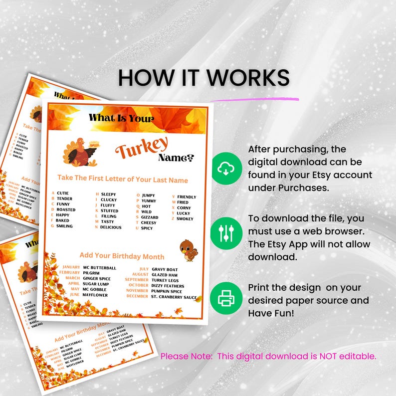 Whats Your Turkey Name Game Printable Thanksgiving Party Friendsgiving ...