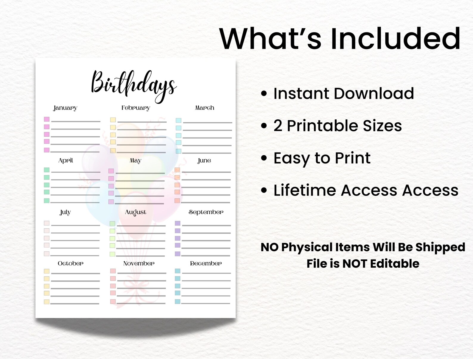 Birthday Tracker Printable Template Birthday Planner Printable PDF ...