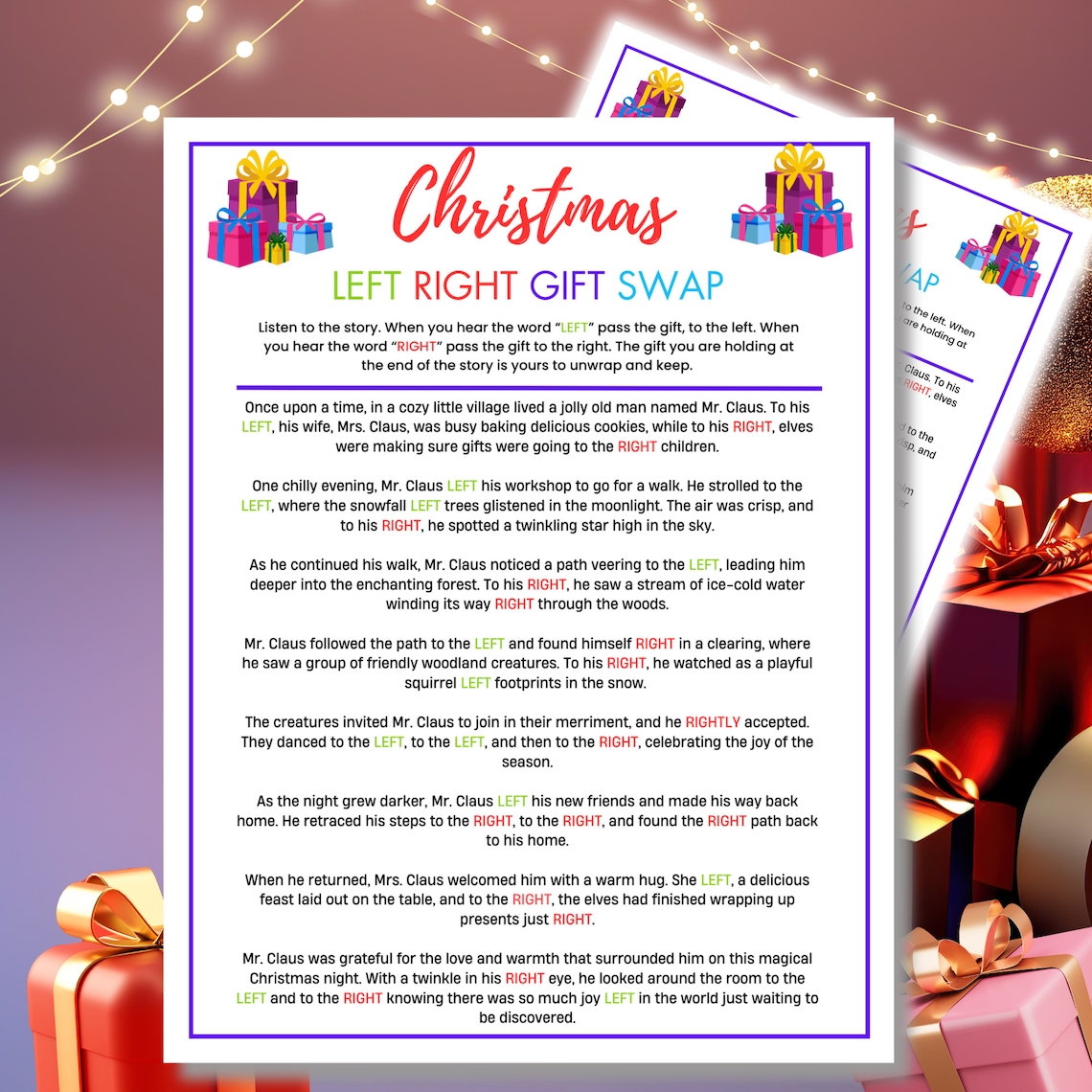 Left Right Story Game Christmas Left Right Gift Swap Gift Exchange Game ...