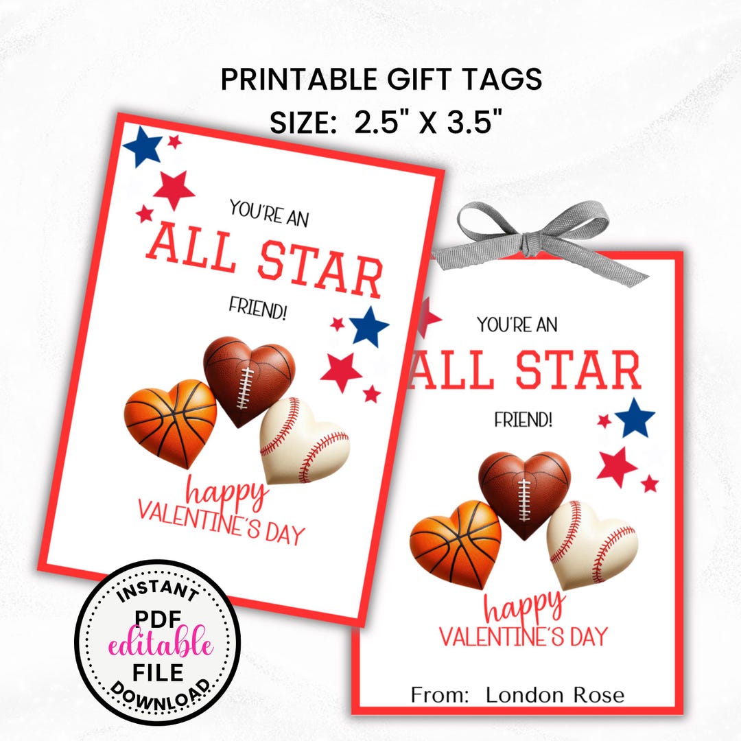 All Star Sports Valentine Card, Printable Card for Team Valentine or ...