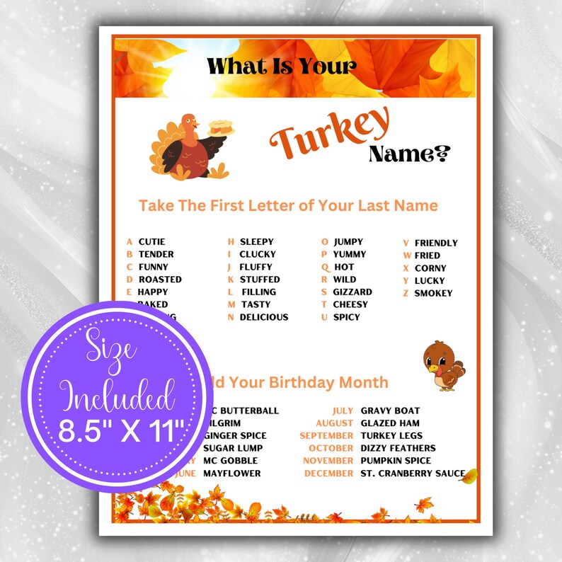 Whats Your Turkey Name Game Printable Thanksgiving Party Friendsgiving ...