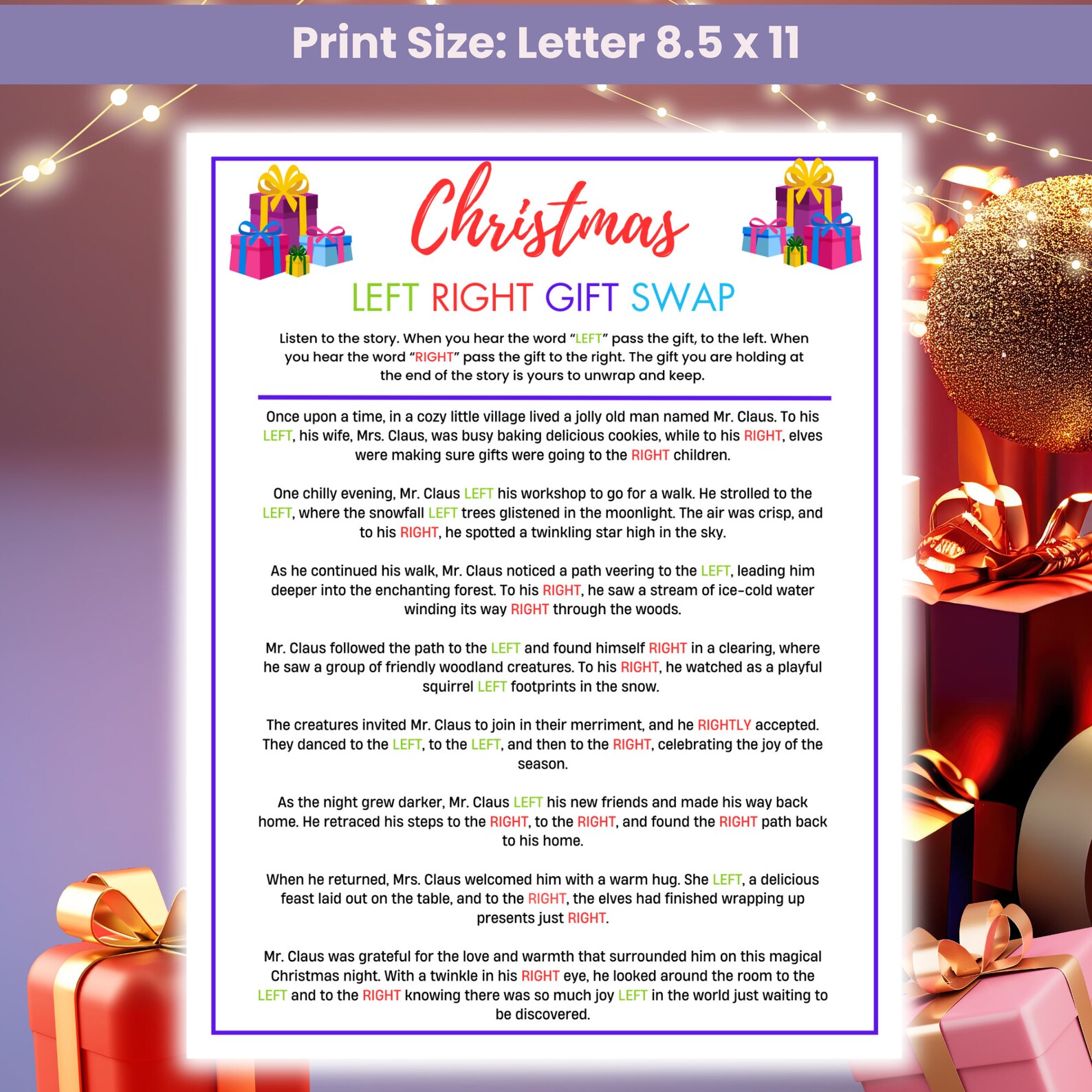 Left Right Story Game Christmas Left Right Gift Swap Gift Exchange Game ...