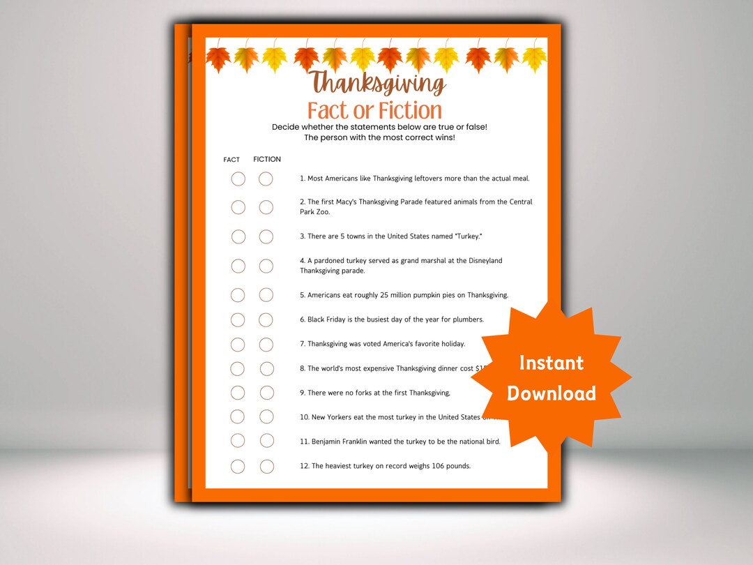Fact or Fiction Game Thanksgiving Printable Games Fall Game Activity ...