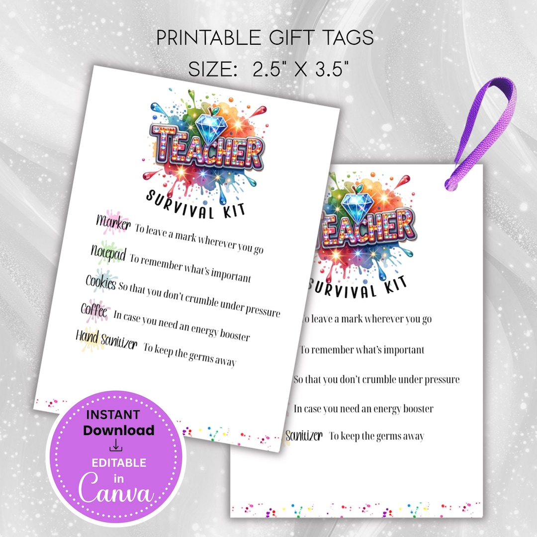 Teacher Survival Kit Tags Printable, Editable Substitute Teacher ...