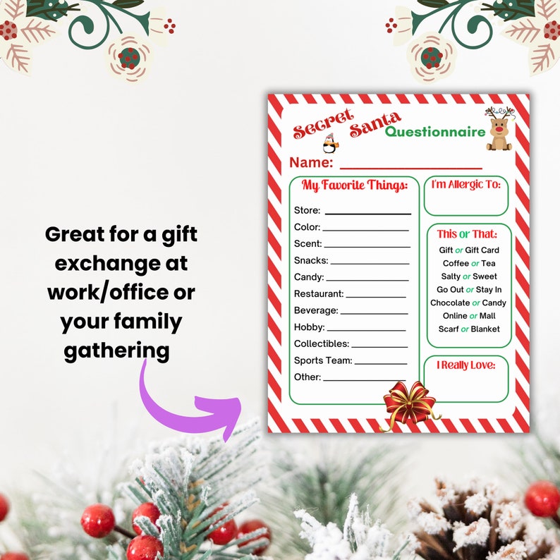 Secret Santa Questionnaire Printable Form Office Party Gift Exchange ...