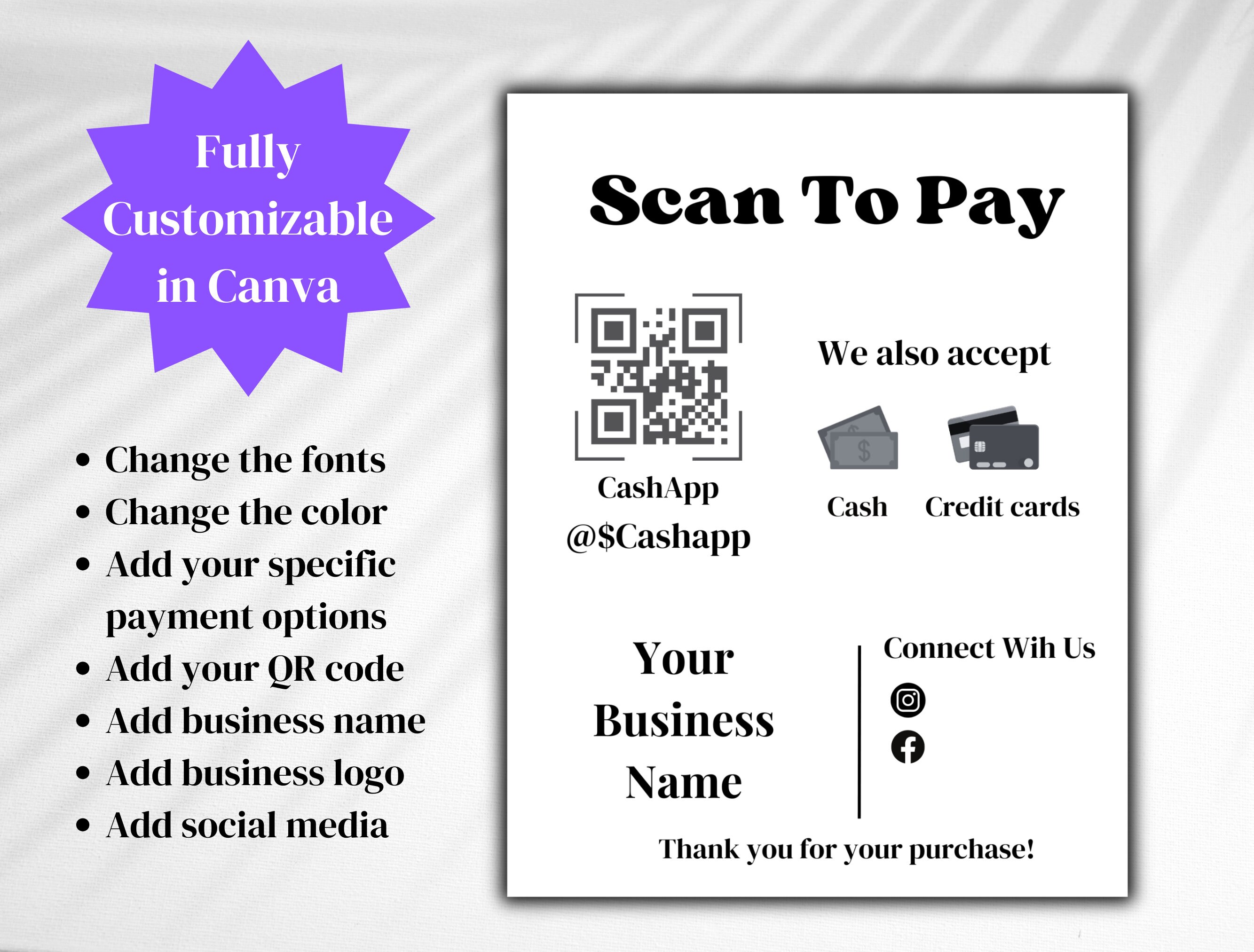 Payment Sign Editable Scan to Pay Sign QR Code Payment Sign Connect ...