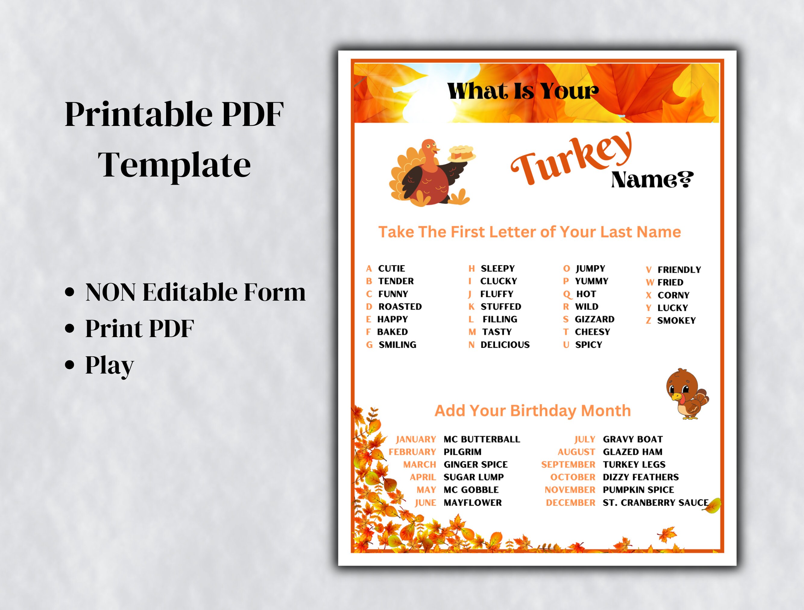 Whats Your Turkey Name Game Printable Thanksgiving Party Friendsgiving ...